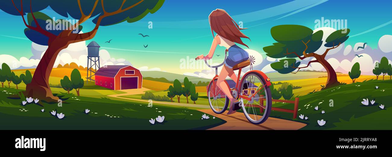 Girl on bicycle riding rural dirt farm road. Young woman bike trip ...