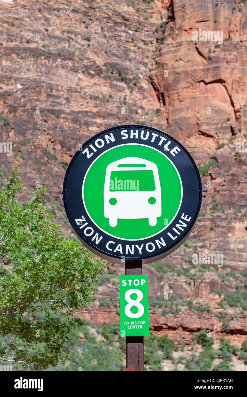 Zion national Park, USA - June 2, 2022: stop sign for the zion shuttle ...