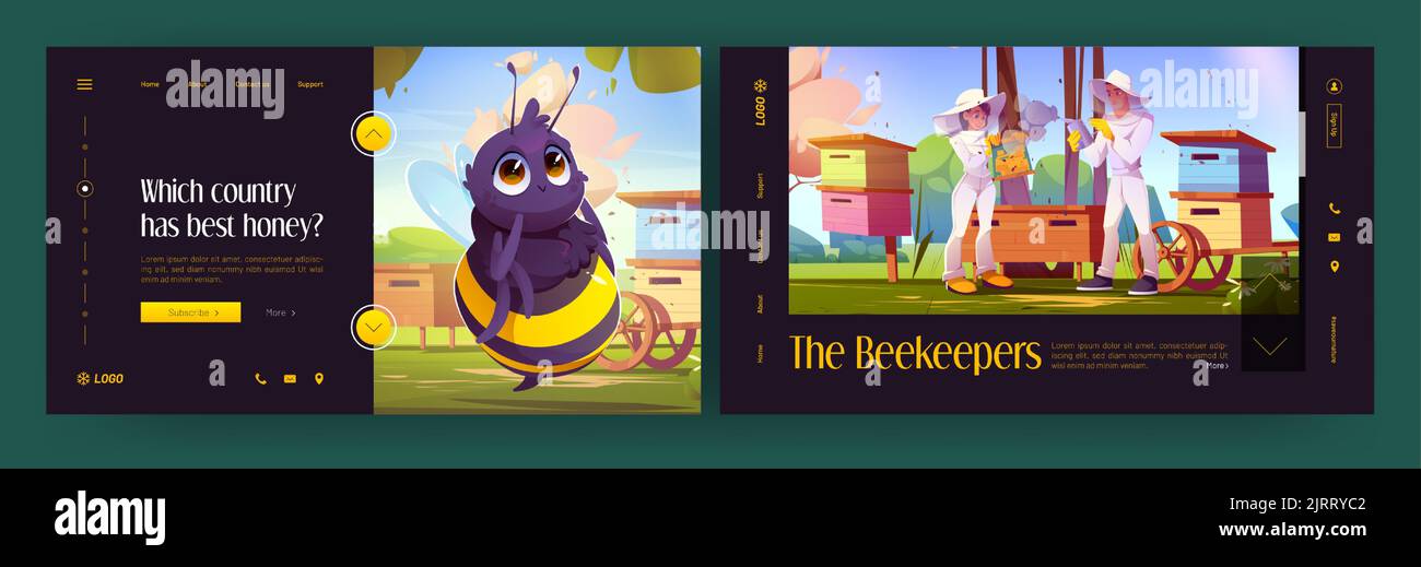 Beekeeping landing page vector templates. Cartoon illustration of male ...