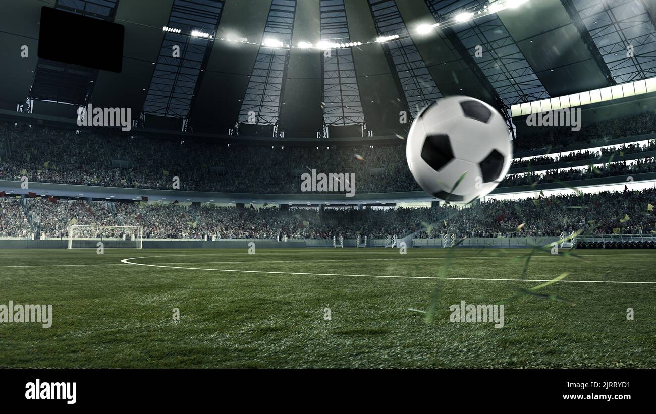 Flight of soccer football ball through crowded stadium with spotlights ...