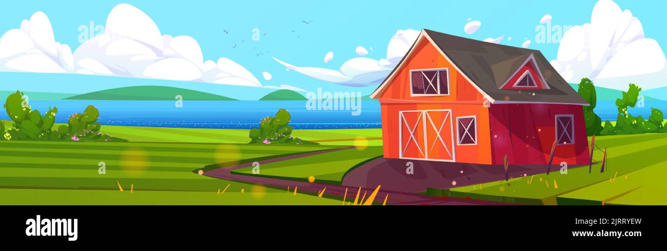 Summer rural scene with green agriculture fields, farm barn and river ...