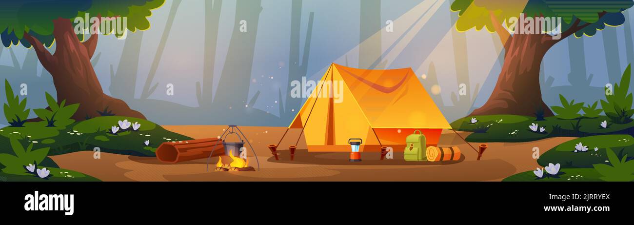 Deep forest with summer camp on glade. Vector cartoon illustration of ...