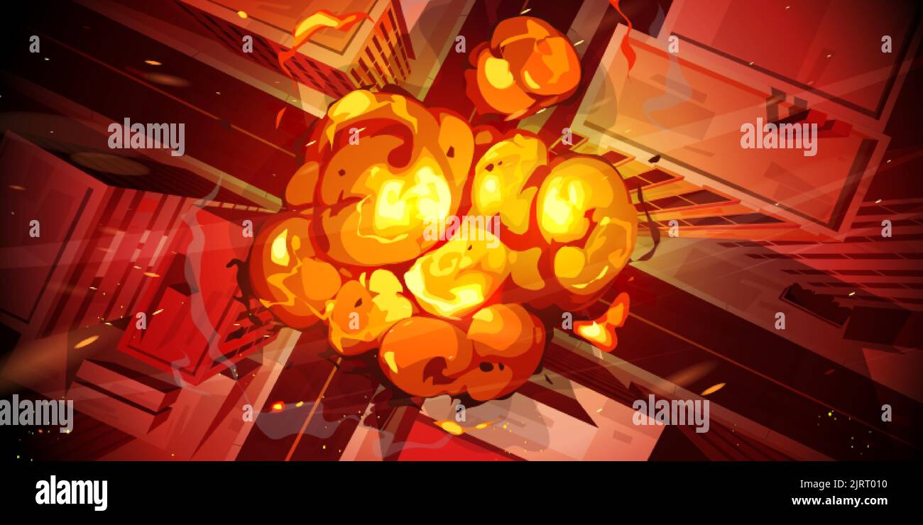 Nuclear explosion in city top view. Fiery mushroom cloud of atomic bomb ...