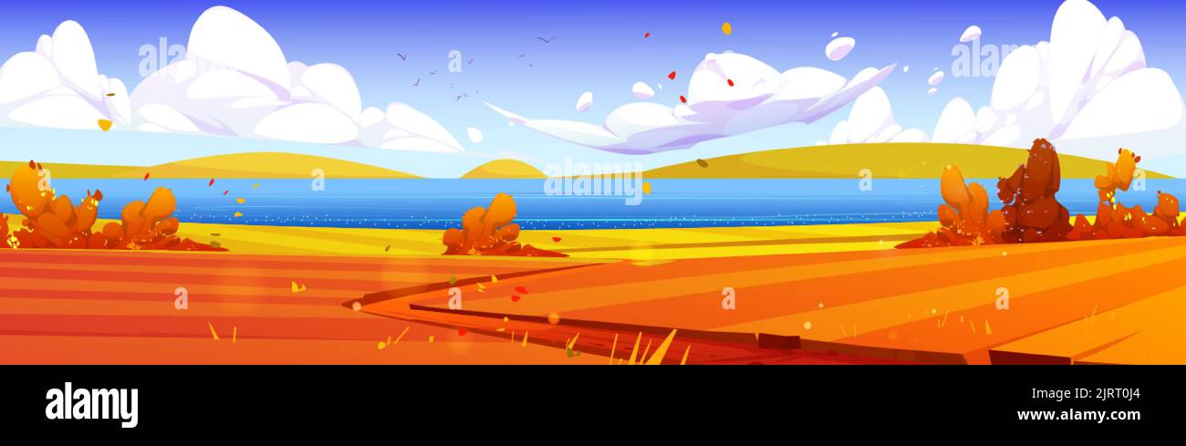 Autumn rural landscape with river, orange agriculture fields, bushes ...