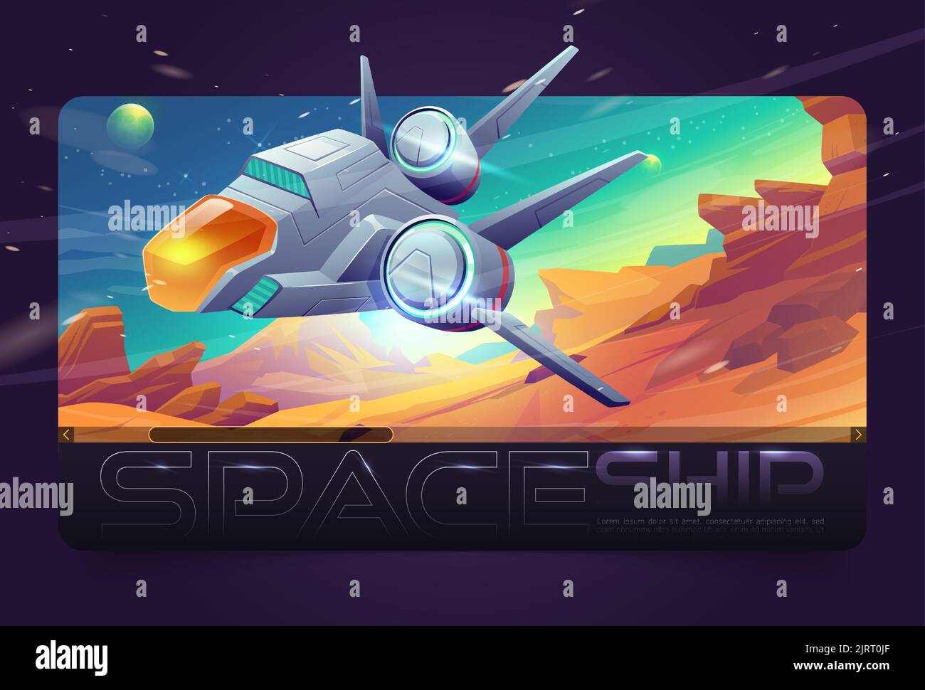 Cartoon spaceship flying on alien planet background. Vector ...