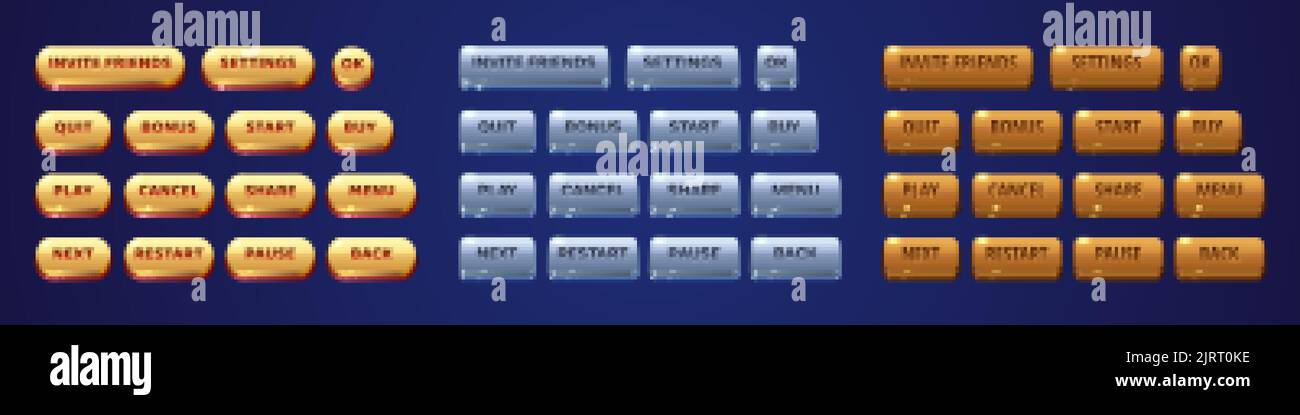 Golden, silver and bronze game buttons with text. Vector cartoon set of ...