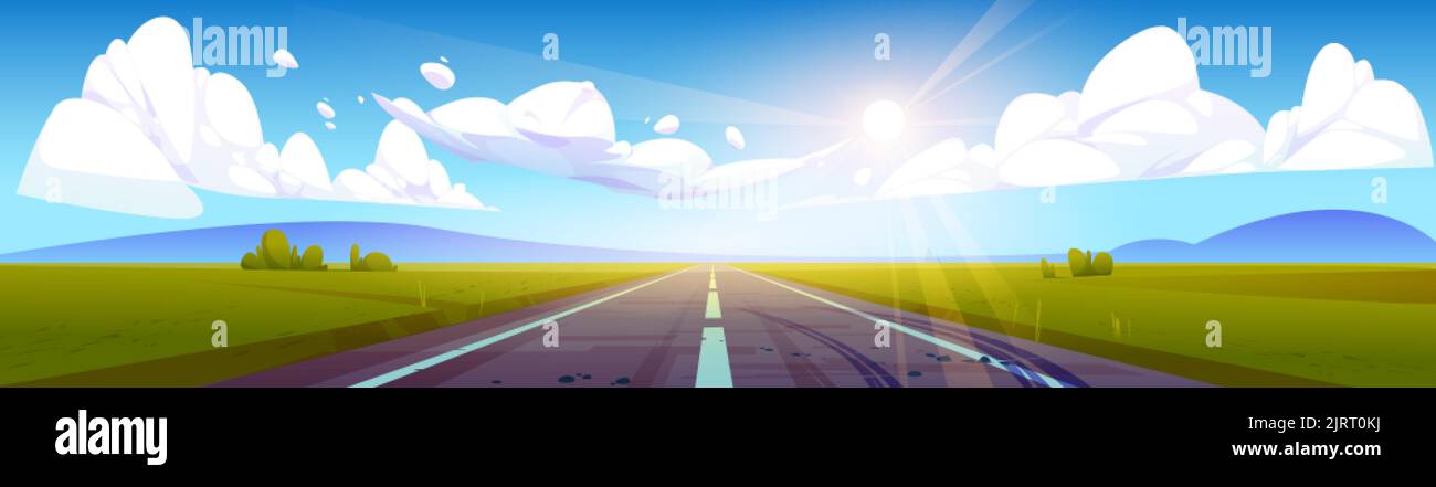 Empty motor road and green field landscape cartoon illustration. Vector ...
