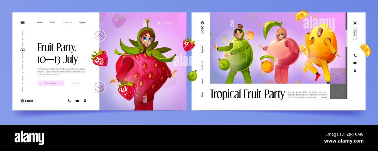 Tropical fruit party cartoon landing pages. Invitation for event with ...