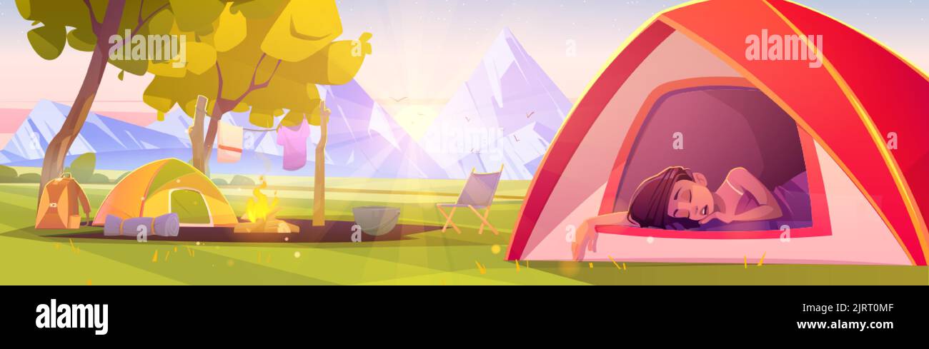 Woman sleep in camping tent with fire and tourist stuff. Traveler girl ...