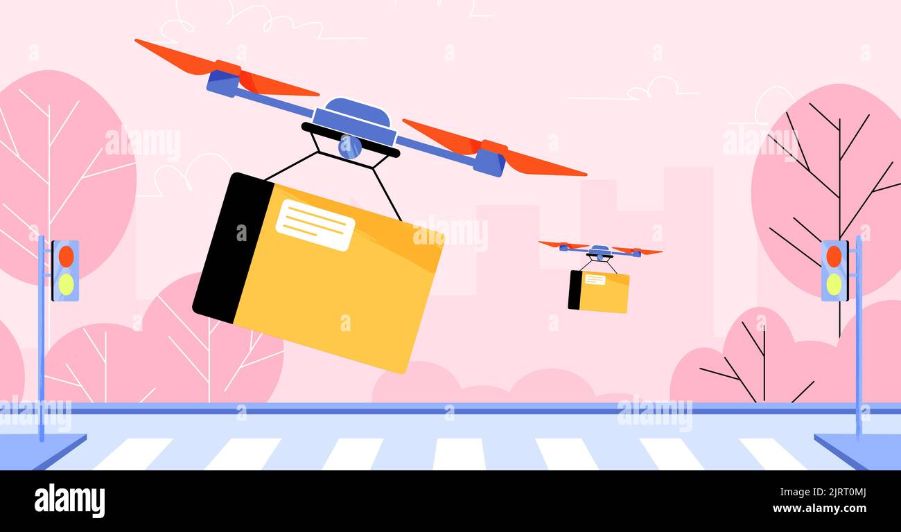 Drone delivery service, quadcopters shipping parcels to customers ...