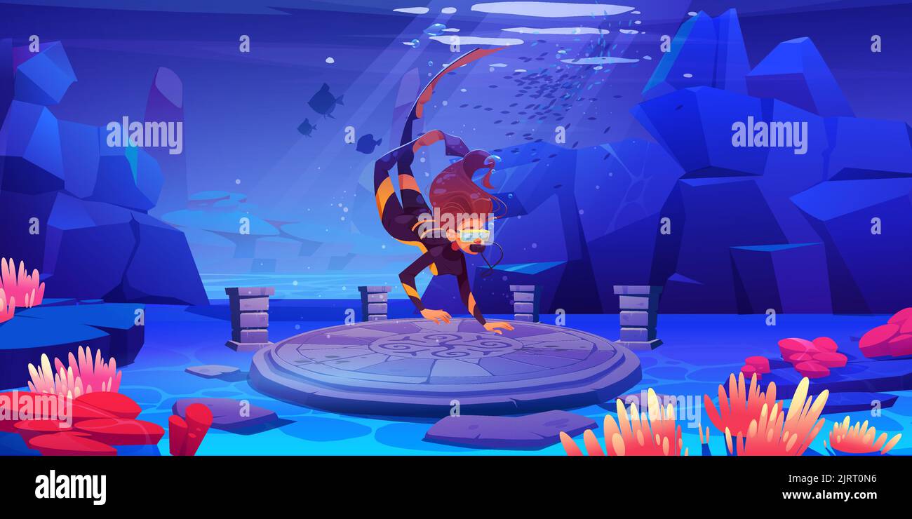 Scuba diver girl explore sea bottom with ancient mysterious artifacts ...