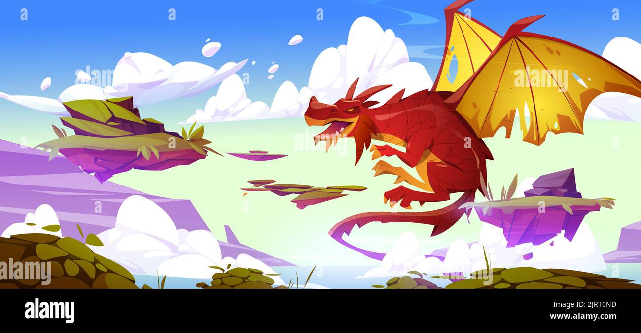 Dragon flying in cloudy sky with floating islands. Fantastic character ...