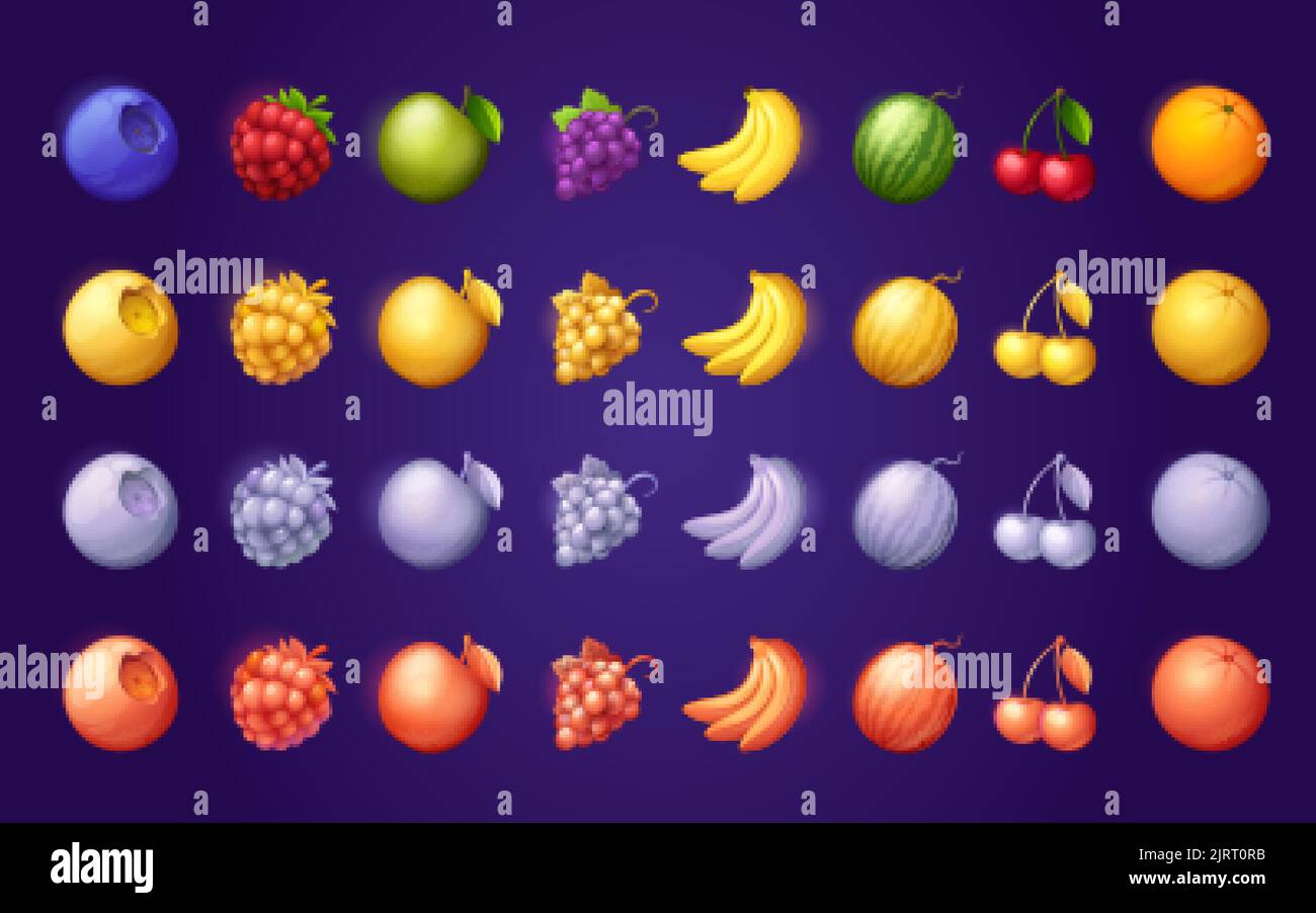 Color set of fruit icons for online casino app interface. Cartoon ...