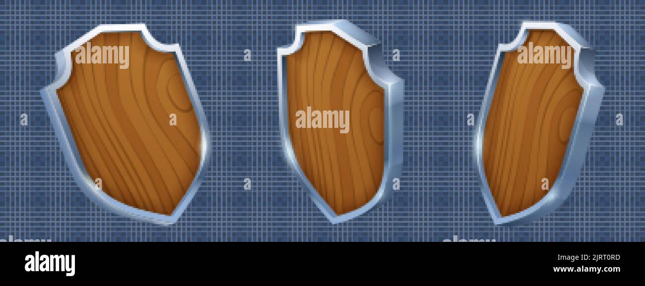 Wooden shield with metal frame, blank brown wood panel with reflection ...