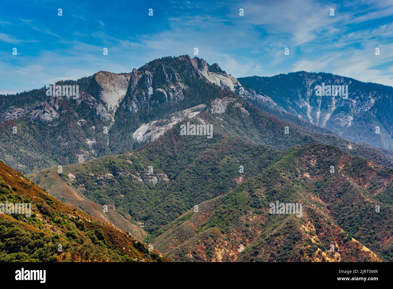 A majestic shot of a densely forested layered mountain range in Sequoia ...