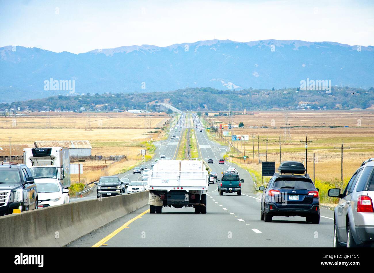 Travelling along Highway 37 in California, USA, a dual carriageway ...