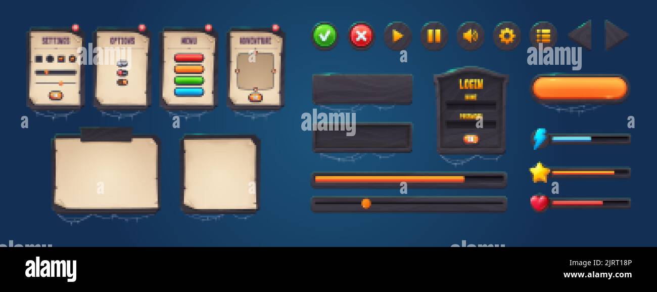 Old wooden boards with buttons, menu, assets and frames for game ...