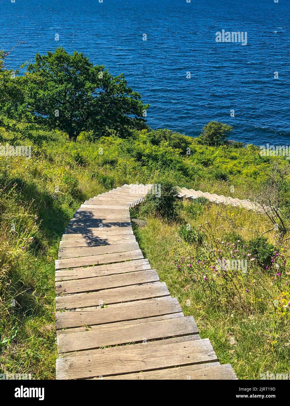 Vang, Denmark. 28th July, 2022. A wooden staircase on the west coast to ...