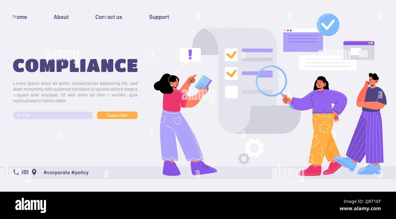 Compliance landing page, characters read corporate rules. Representation of business laws ...