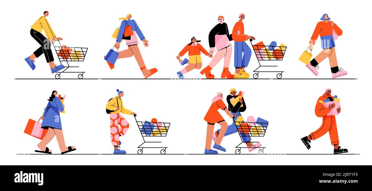 Happy people run to store sale. Vector flat illustration of diverse men ...