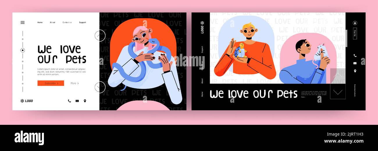 We love pets banners with happy people hold domestic animals. Vector ...