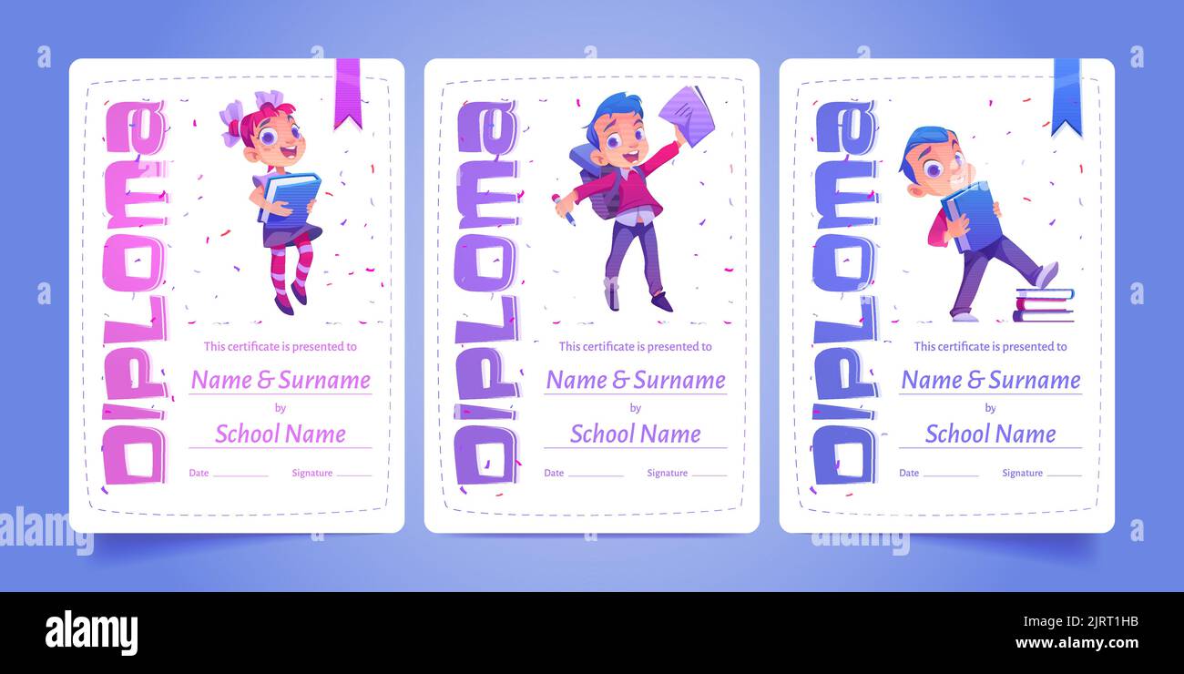Kids diploma, educational school certificate with cute children ...