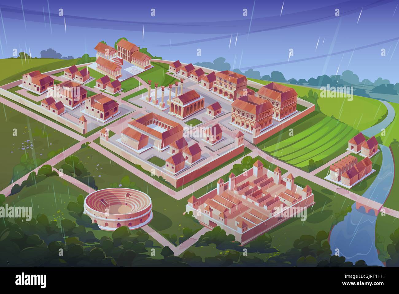 Ancient roman city on river coast in rain. Isometric architecture of ...