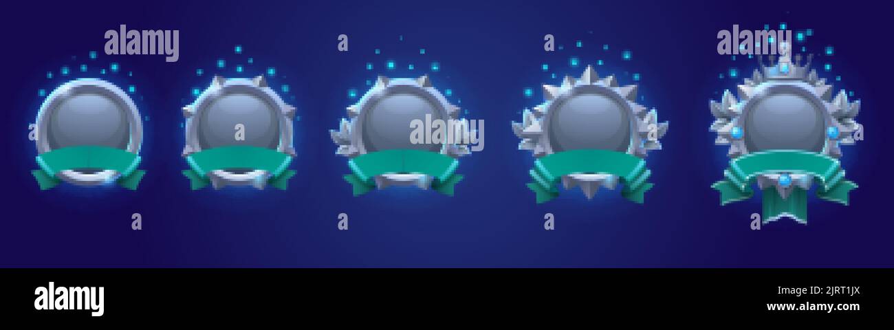 Circle game ranking badges with silver frames, ribbons, crown and gems ...