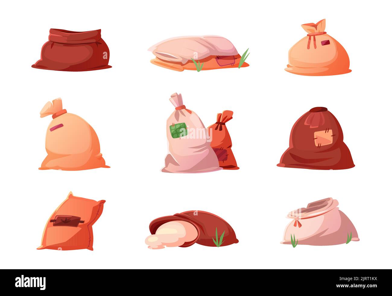 Bags and sacks with grain, flour, rice, cereal or salt isolated set ...