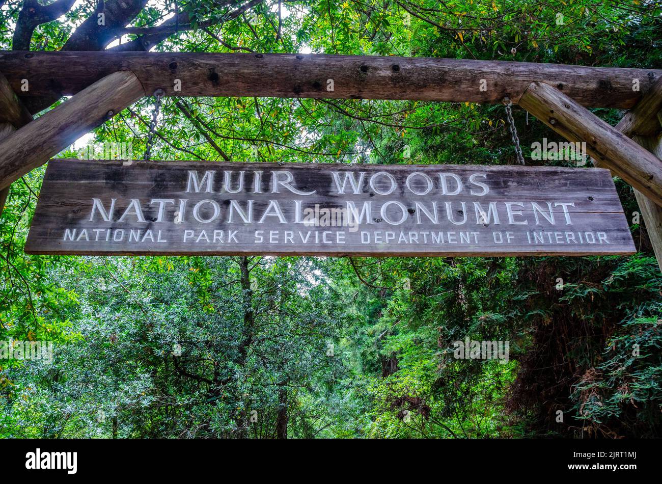 Sign hanging over the entrance to Muir Woods national Monument in Marin ...
