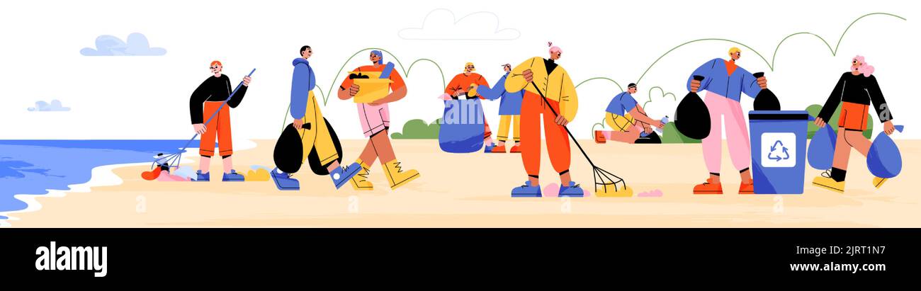 Ecology volunteers cleaning beach from trash, flat character vector ...