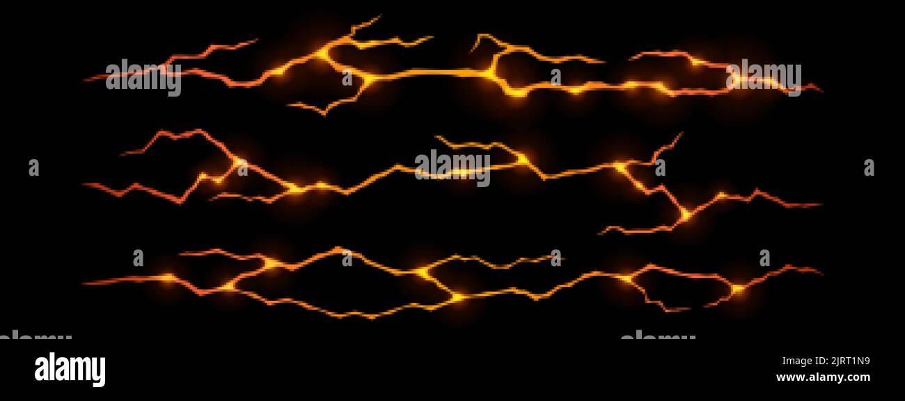 Lava in ground cracks, volcano magma orange glow in cracking holes ...