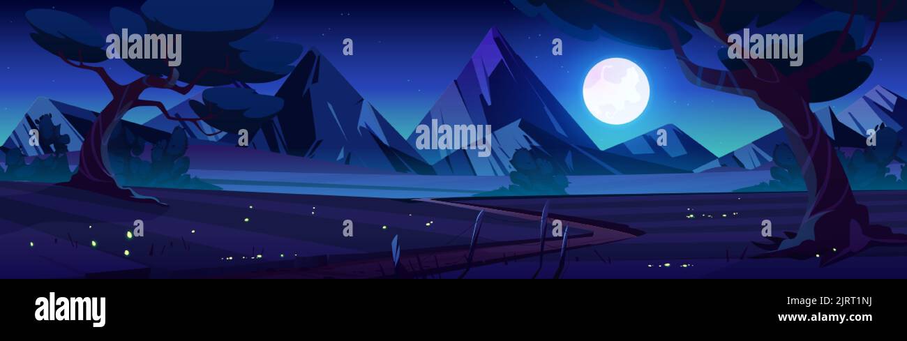 Cartoon nature landscape at night time. Rural dirt road going along ...