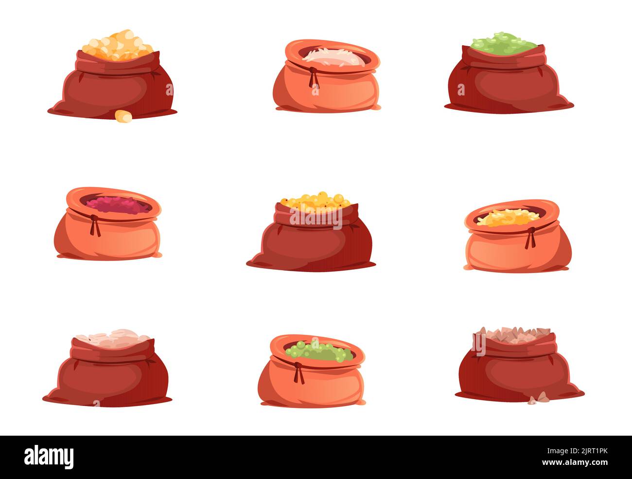 Corn, millet, buckwheat, rice grains and beans in sacks. Vector cartoon ...
