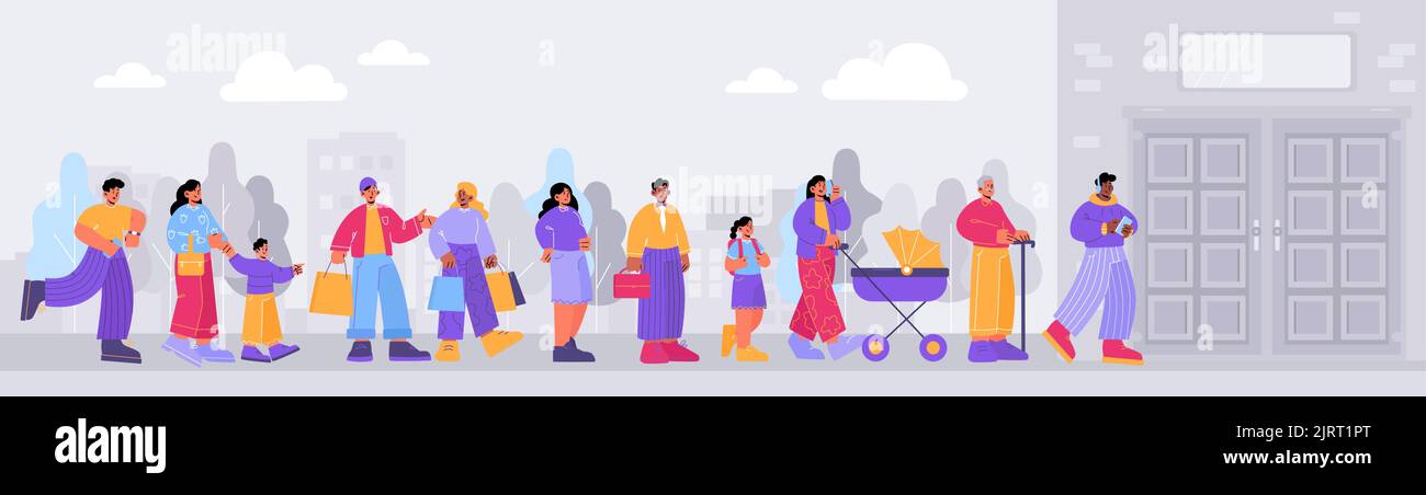 People crowd standing in queue to entrance in shop, business office ...