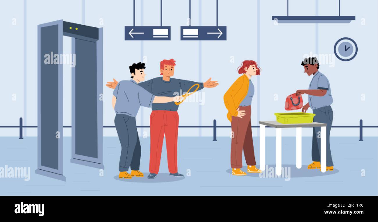 Airport safety concept, people go through metal scanner with security ...