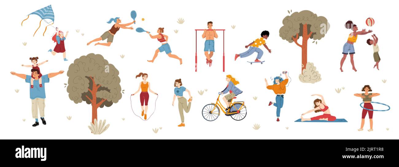 People outdoor activities, men, women, family characters playing ...