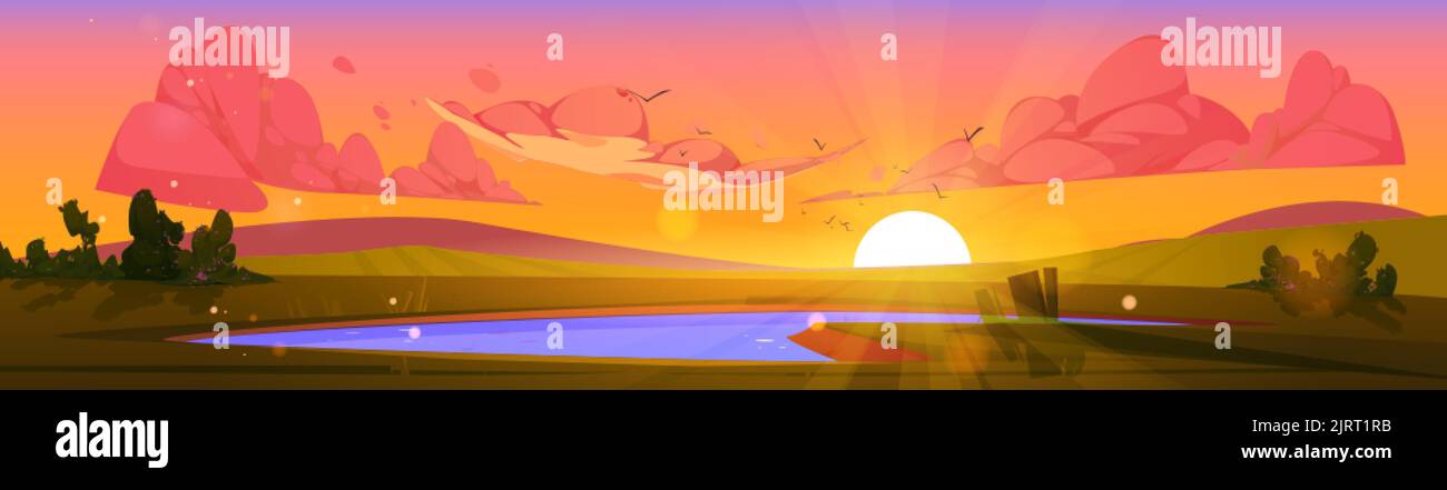 Cartoon nature sunset landscape. Pond at green field with bushes at ...