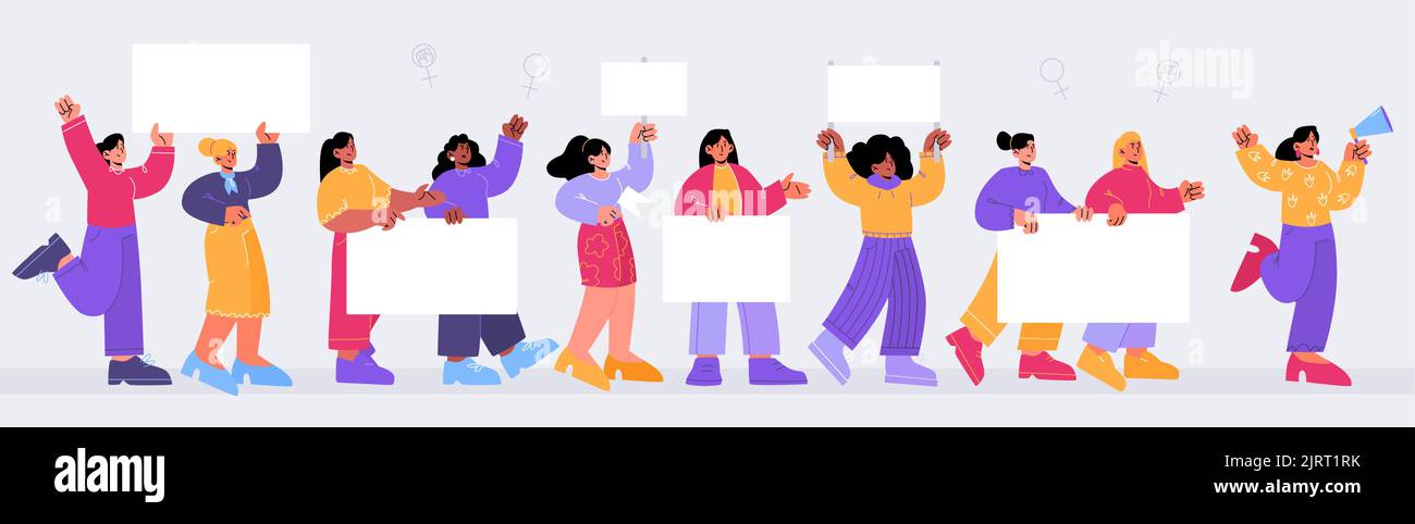 Group of women protesting vector flat characters. Crowd of female ...