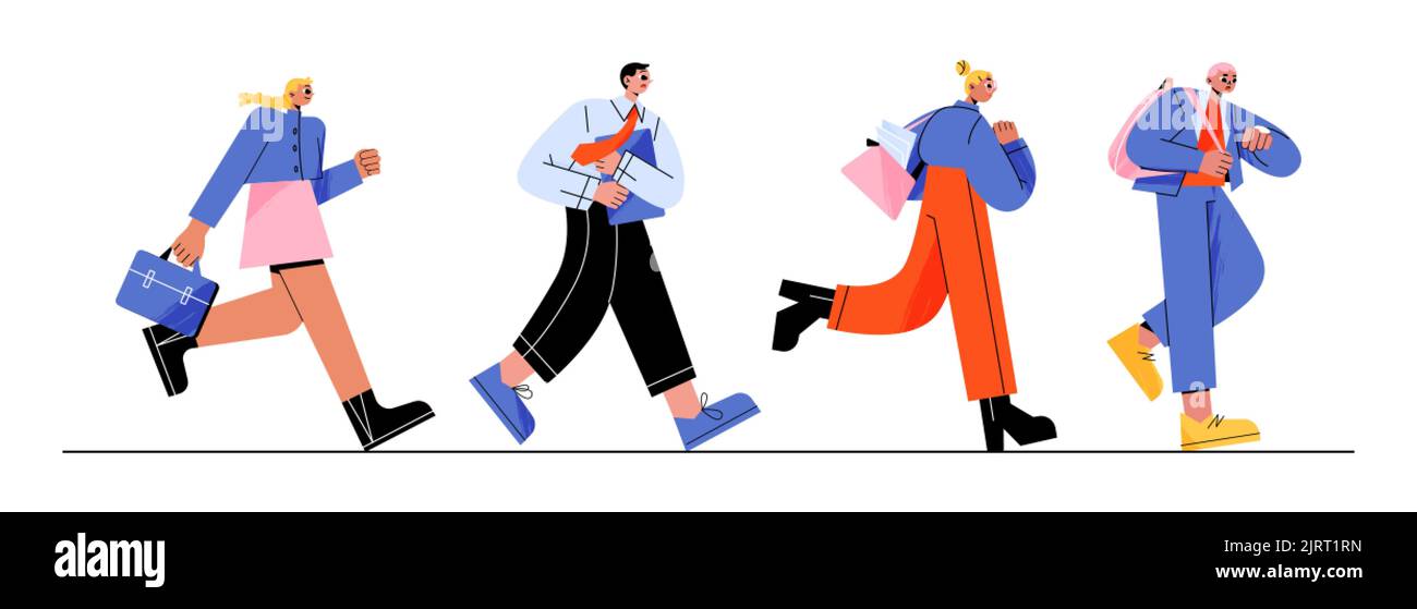 Businessmen and women run to work. Vector flat illustration of employee ...