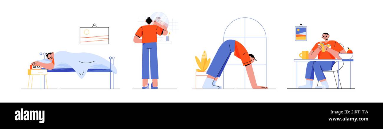 Morning routines of man after awaken. Vector flat illustration of ...