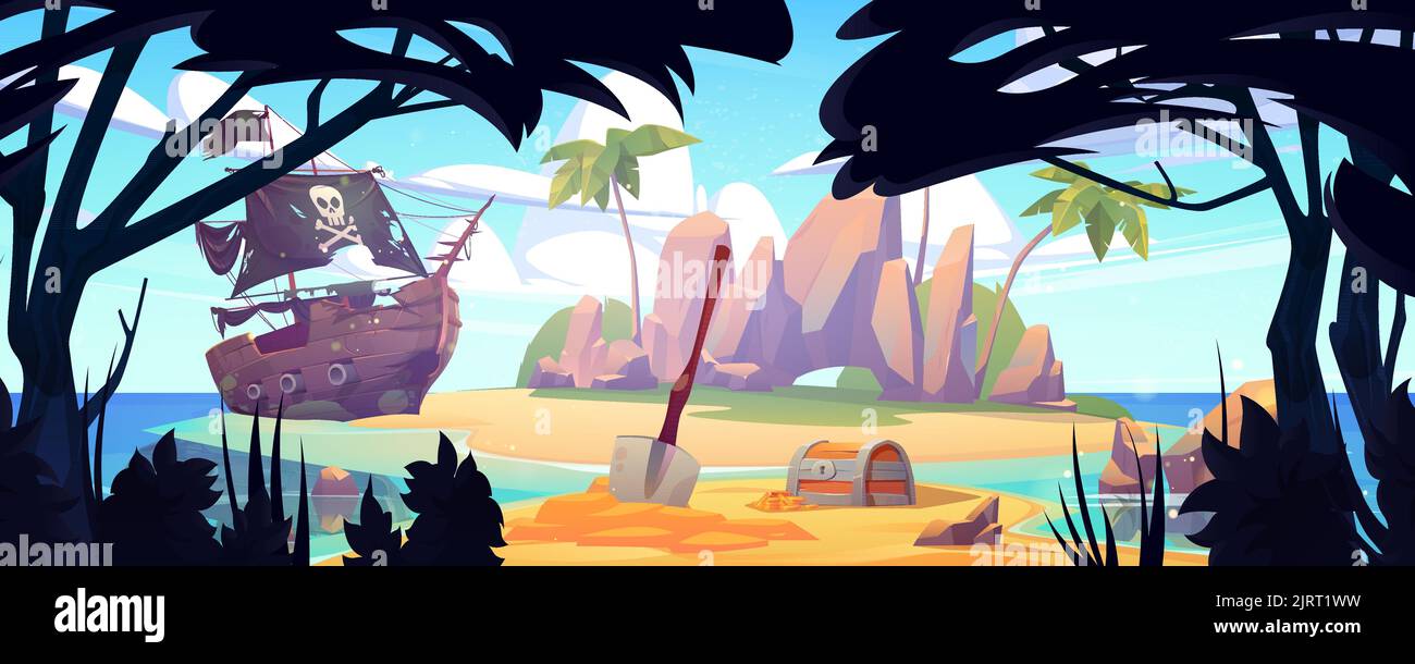 Pirate ship moored on island with treasure. Chest with gold and shovel ...