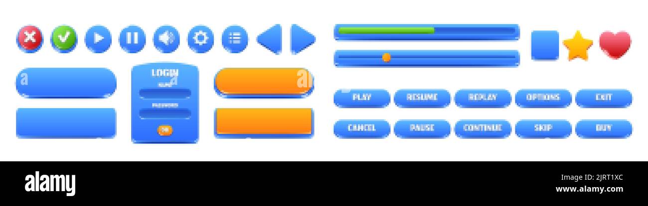 Glossy blue buttons and frames for ui game interface. Vector cartoon set of gui elements, square ...