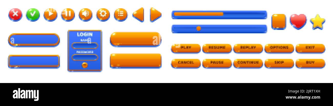 Game menu interface, ui buttons. Cartoon glossy gui elements, progress bar, user settings panel ...