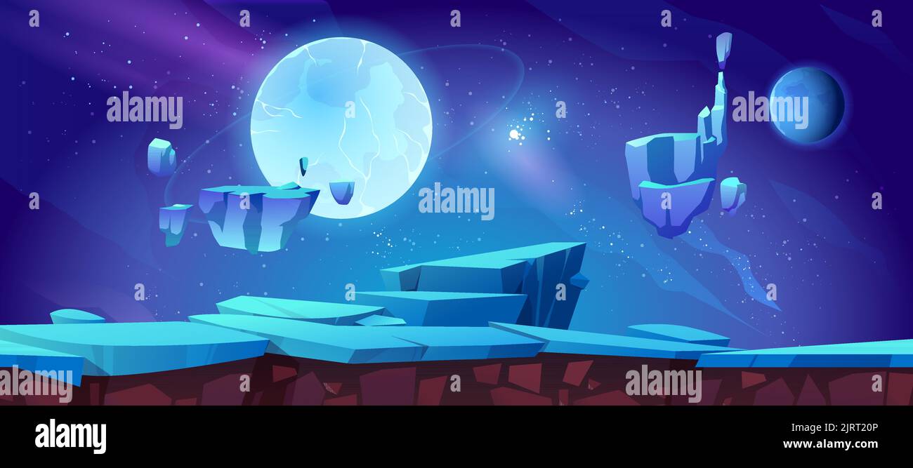 Night landscape with neon moon and rocky cliffs. Vector cartoon ...