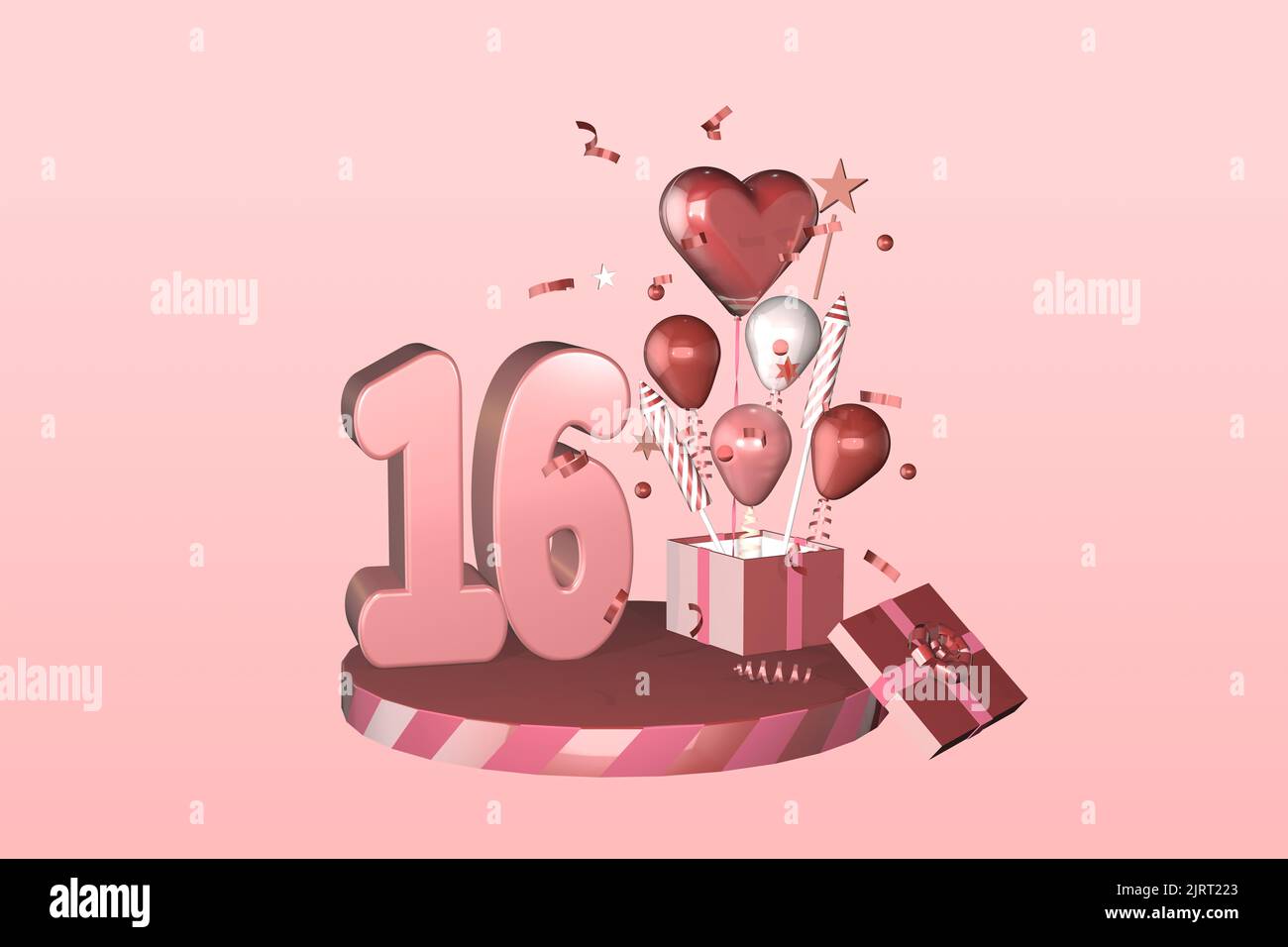 3D rendered display suitable for 16 16th birthday background or sixteen ...