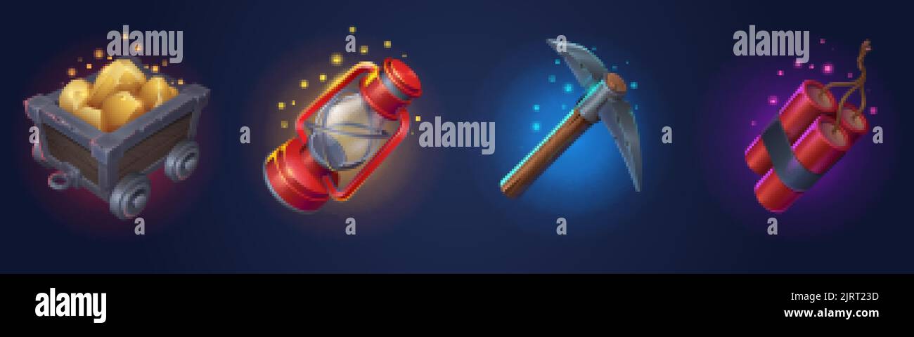 Game props icons gold mine assets dynamite, trolley with golden nuggets ...