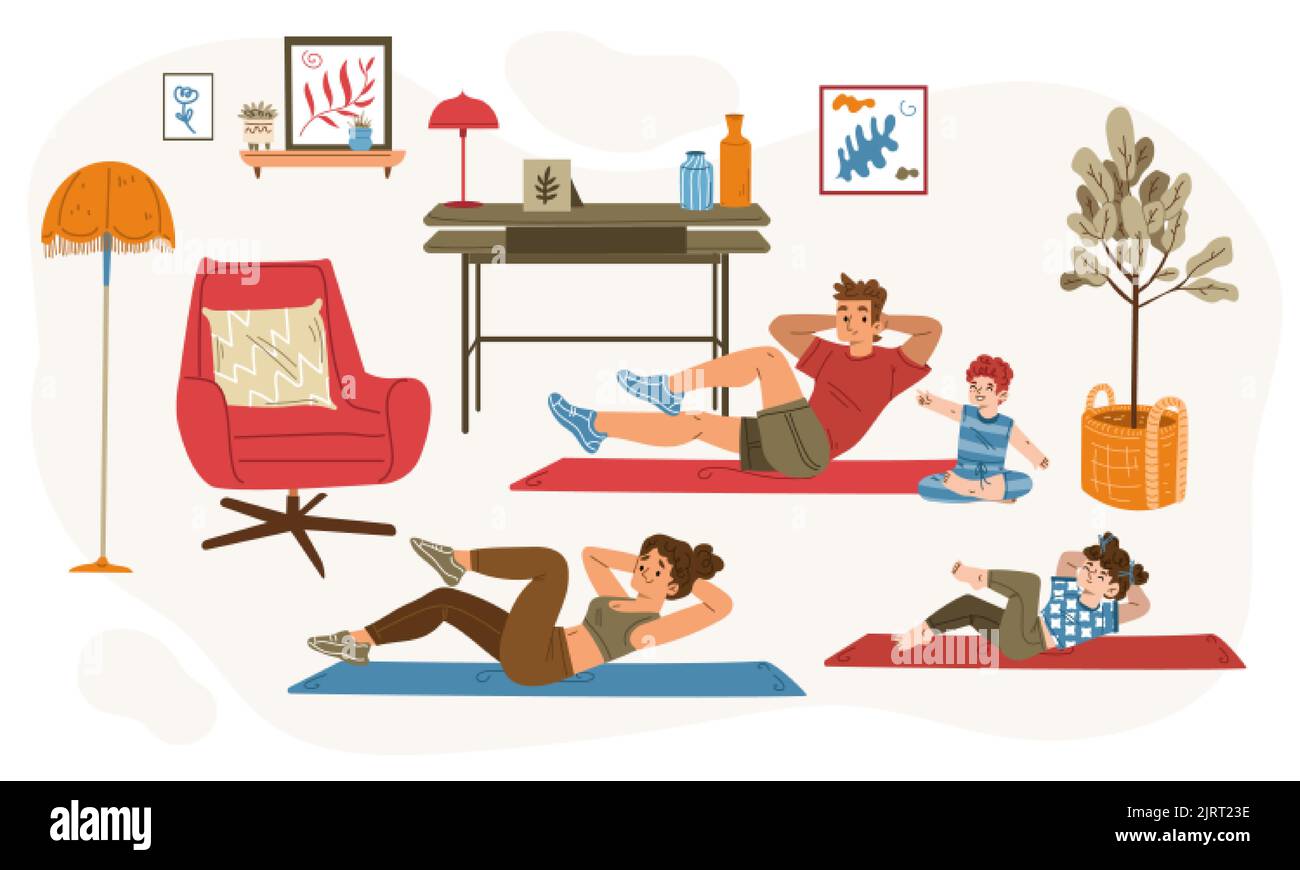 Happy family workout exercise at home. Mother, father and kids sport ...