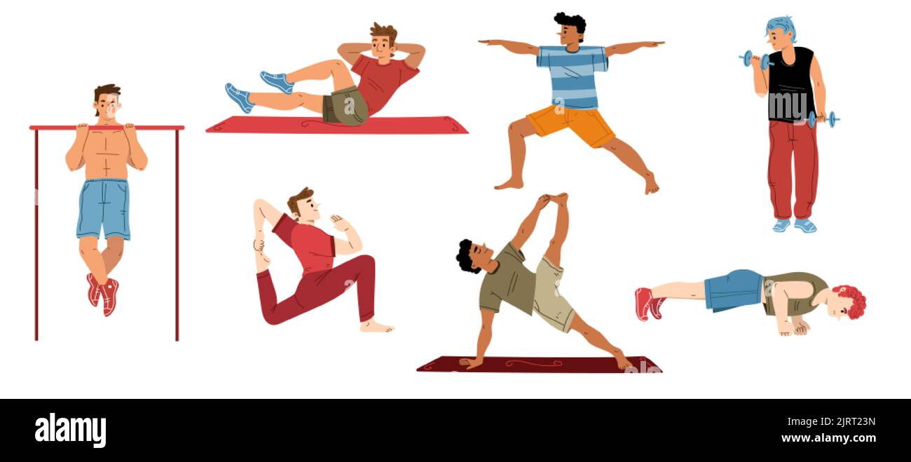 Man exercise, yoga, male characters workout in gym with dumbbells ...