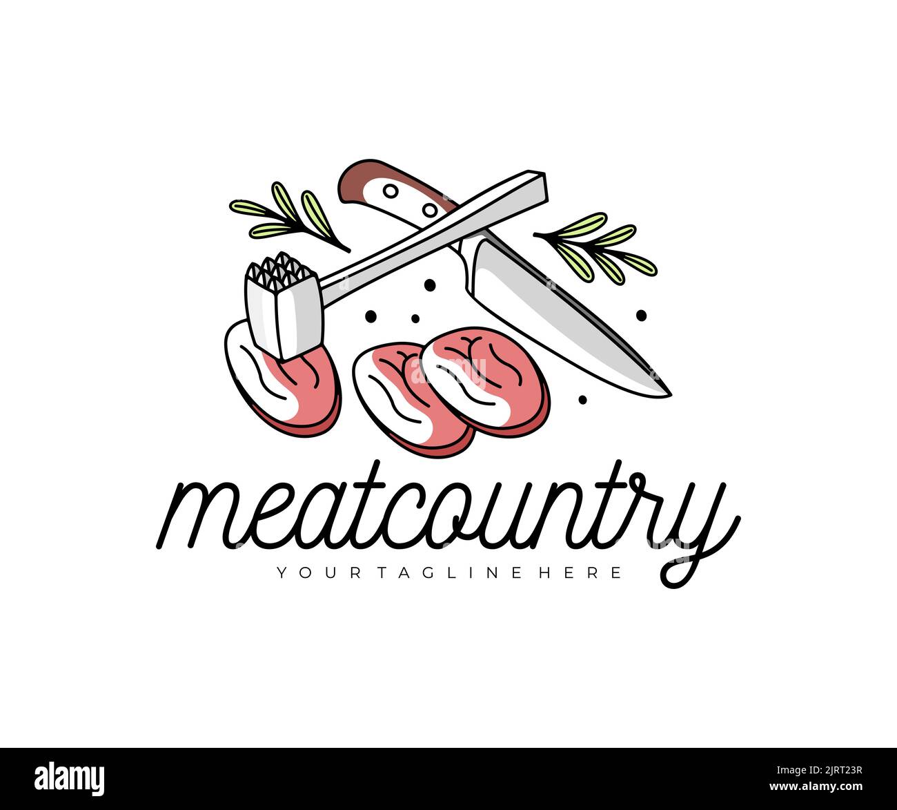 Butcher shop, meat, rosemary, knife and meat tenderizer mallet, logo ...